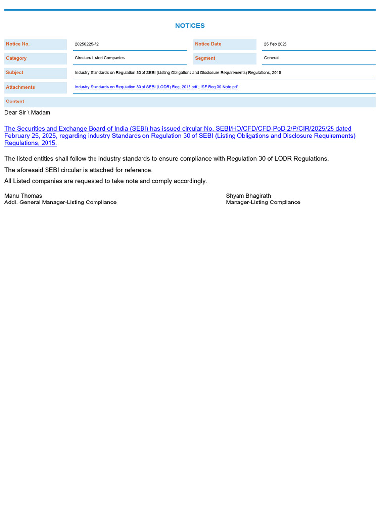 SEBI Industry Standards for Regulation 30 | PDF | Guarantee | Surety