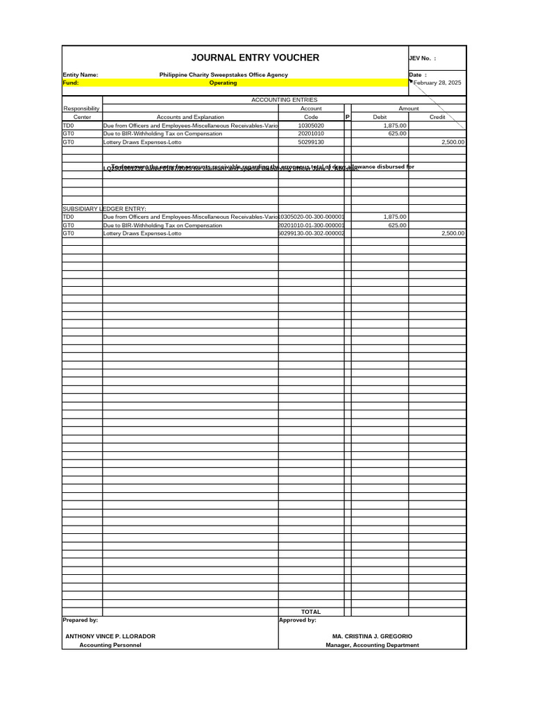 Journal Entry Voucher for PCSO | PDF | Accounting | Financial Services