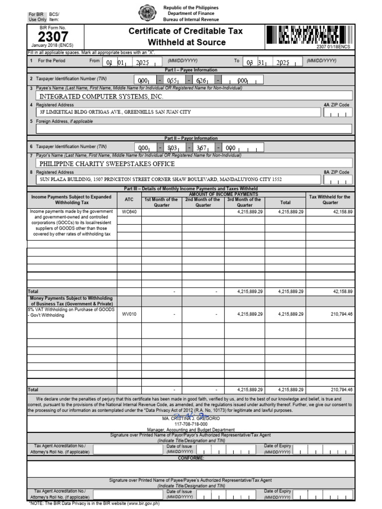 Tax Withholding Certificate for ICS Inc. | PDF | Payments | Taxes