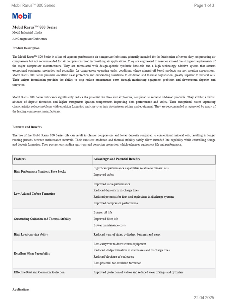 GL XX Mobil Rarus 800 Series | PDF | Lubricant | Chemical Substances