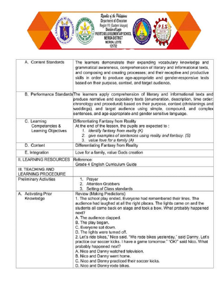 Grade 4 English Lesson Plan | PDF