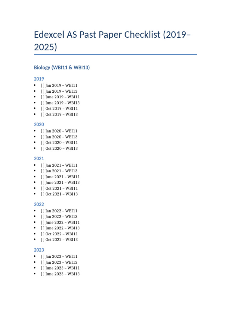 Edexcel As Past Paper Checklist 2019 2025 | PDF
