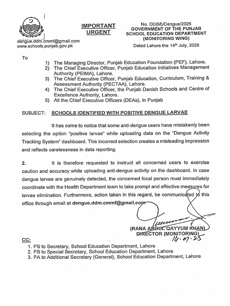 Schools Identified With Positive Dengue Larvae 14.07.25 | PDF