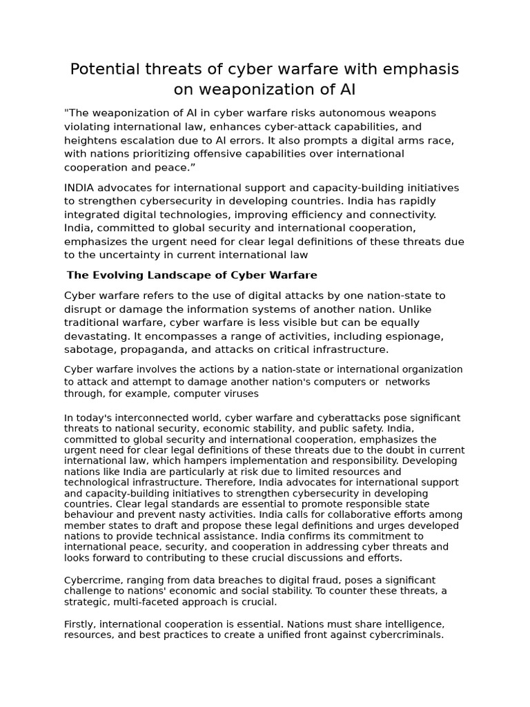 Potential Threats of Cyber Warfare With Emphasis On Weaponization of AI ...