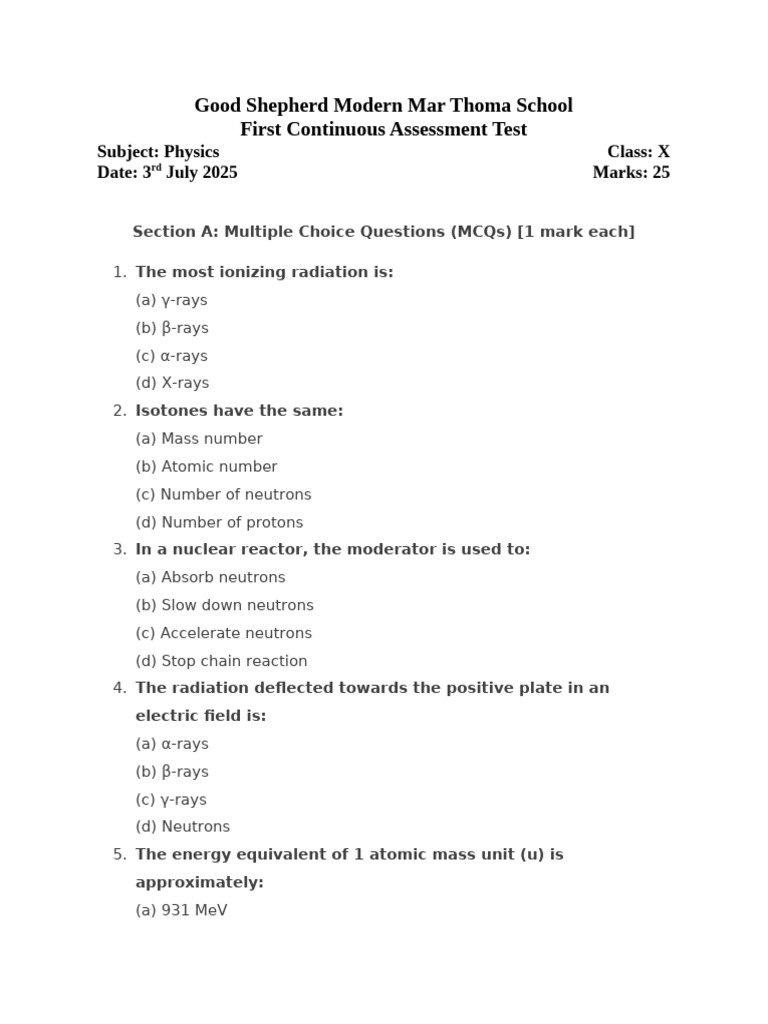 Physics Assessment Test for Class X | PDF