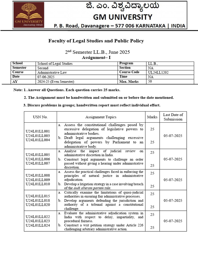 Administrative Law Assignment I | PDF | Administrative Law | Separation Of Powers
