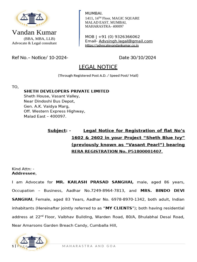 Legal Notice for Flat Registration Delay | PDF