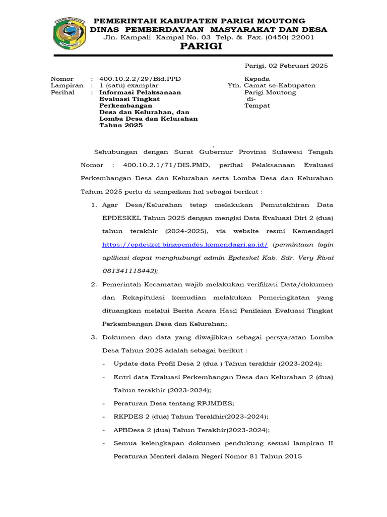 Pemberitahuan Pelaksanaan Epdeskel Dan Lomdeskel 2025 | PDF