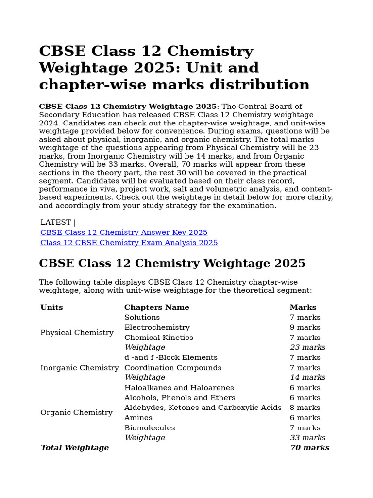 CBSE Class 12 Chemistry Weightage 2025 | PDF | Chemistry | Organic ...