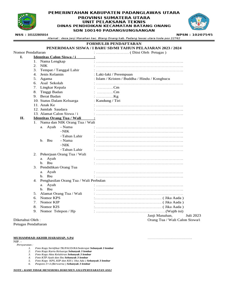 Formulir Pendaftaran Siswa Baru | PDF