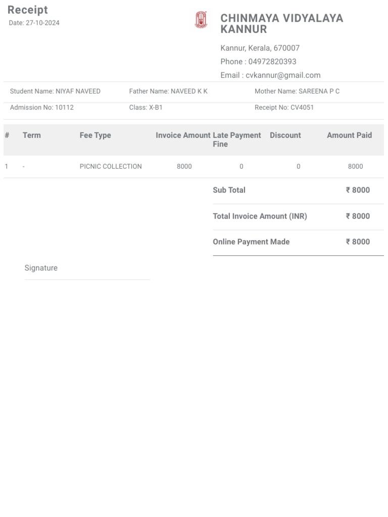 Excursion Fee Receipt | PDF