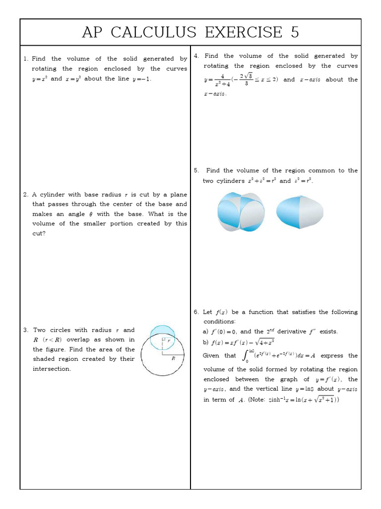 AP Calculus Volume and Area Exercises | PDF