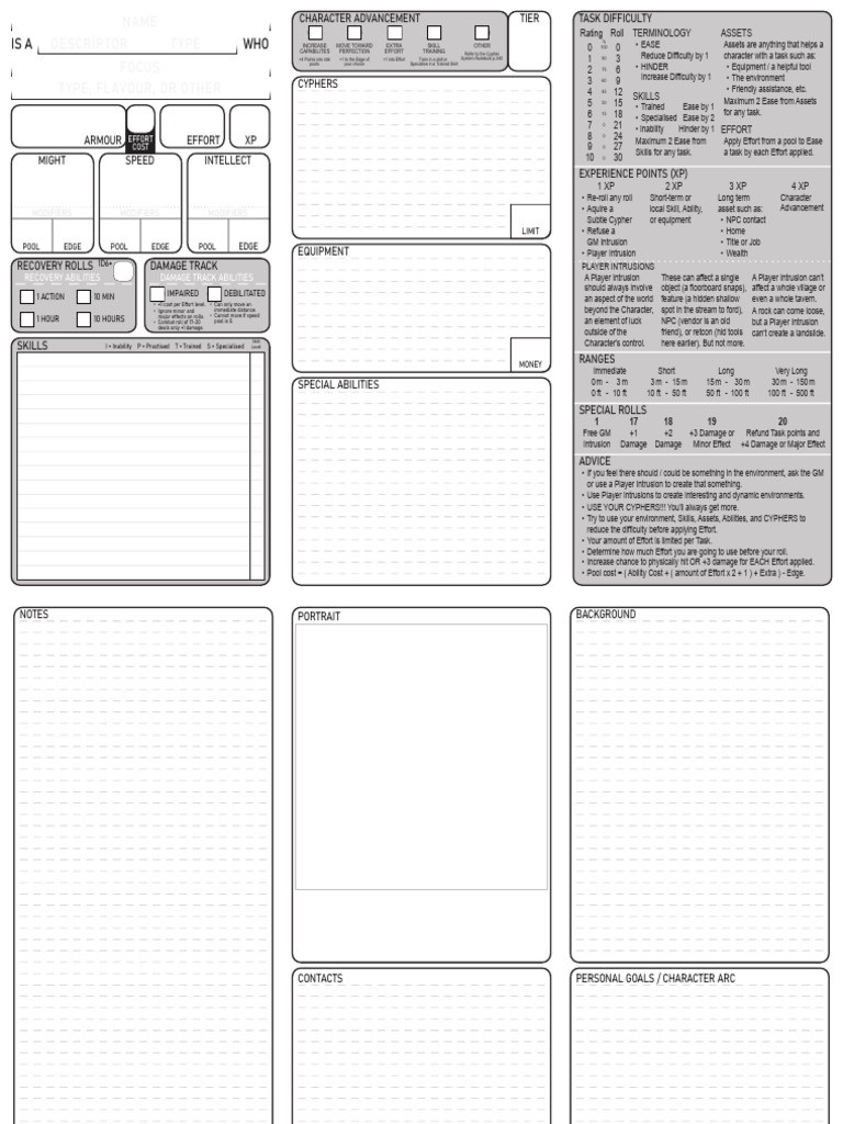 Cypher Variarte Character Sheet Quick Reference | PDF | Tabletop Games | Gaming