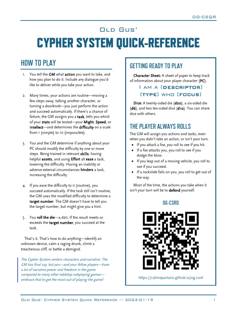 Cypher Og CSQR Old Gus Cypher System Quick Reference | PDF | Role Playing | Gaming