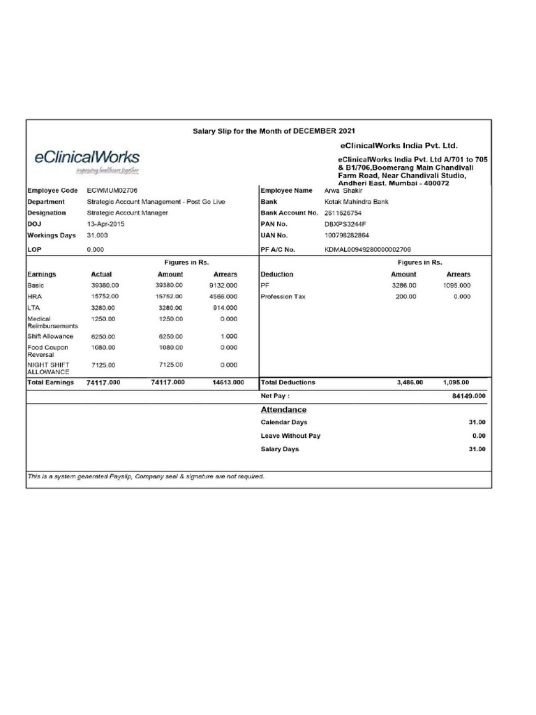 Dec Payslip 2021 | PDF