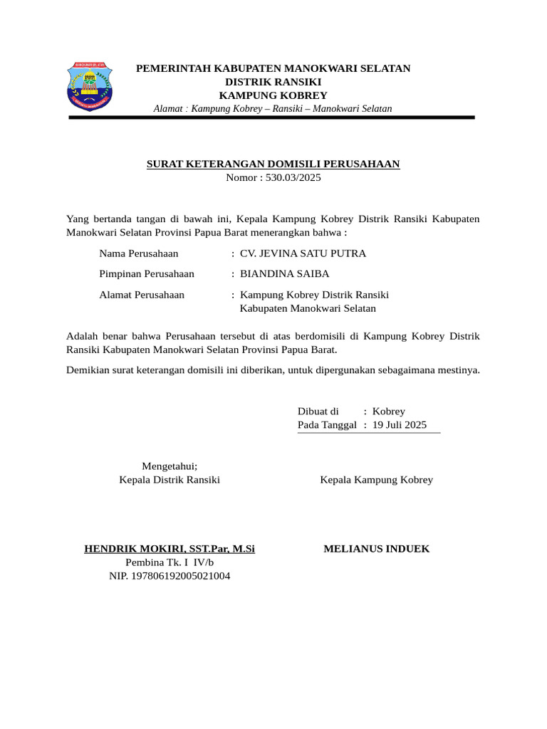 Surat Domisili CV. Jevina Satu Putra | PDF