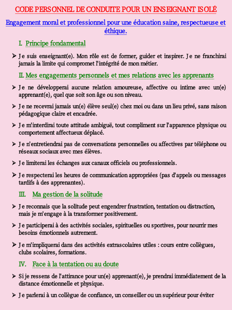 Code de conduite pour enseignants isolés | PDF