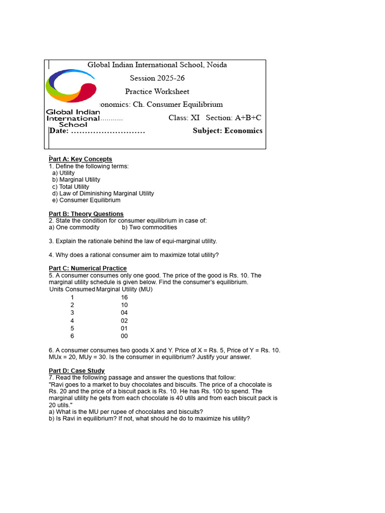 Consumer Equilibrium Worksheet XI | PDF
