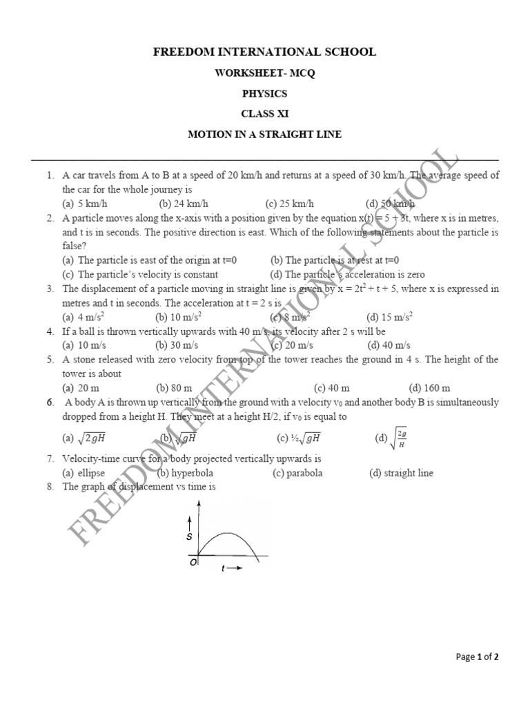 Xi CH 2 Motion in A Straight Line Ws MCQ 1751521282 | PDF | Acceleration | Velocity