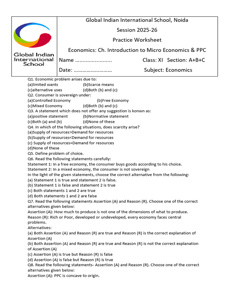 Introduction To Micro Economics & PPC Worksheet | PDF | Economics ...