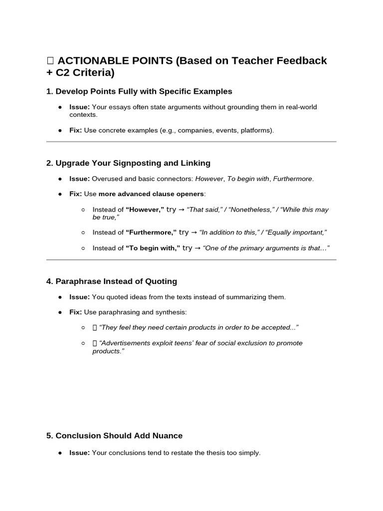 ? ACTIONABLE POINTS (Based On Teacher Feedback + C2 Criteria) | PDF | Essays | Adolescence
