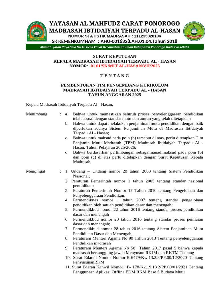 SK Tim Pengembang Kurikulum Mit Al Hasan | PDF