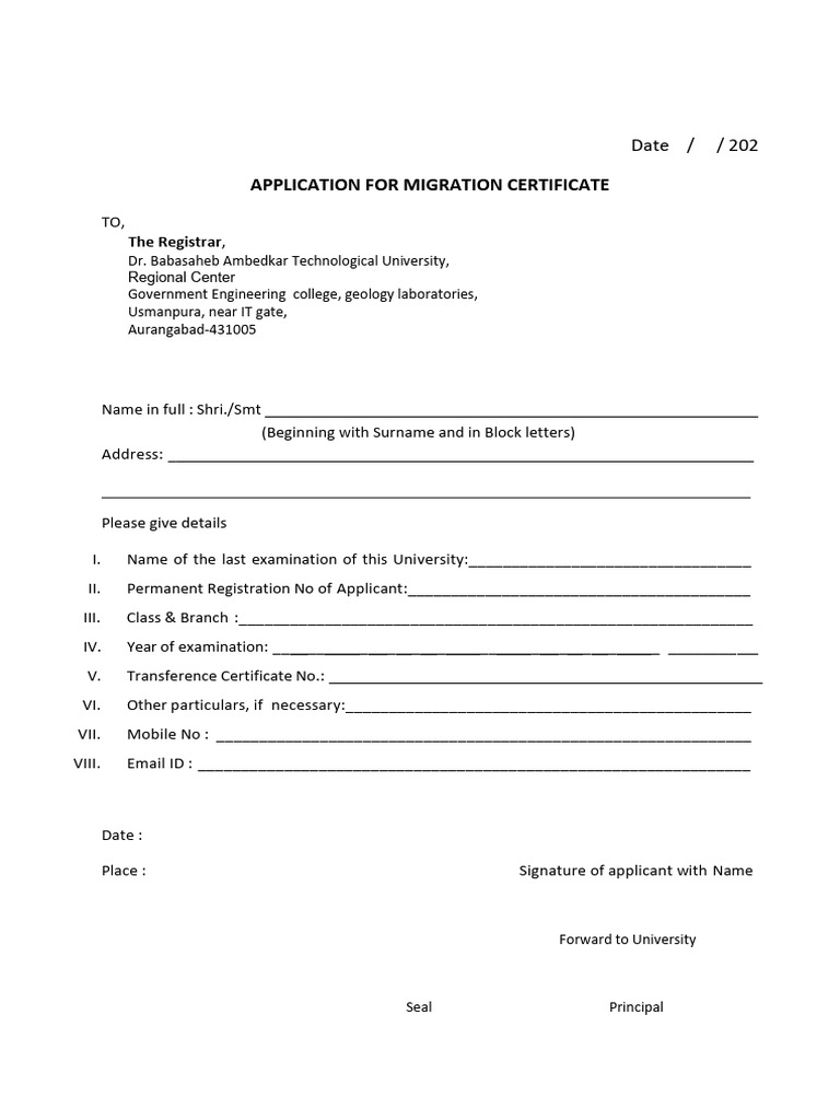 Bamu Migration Certificate Application Form | PDF