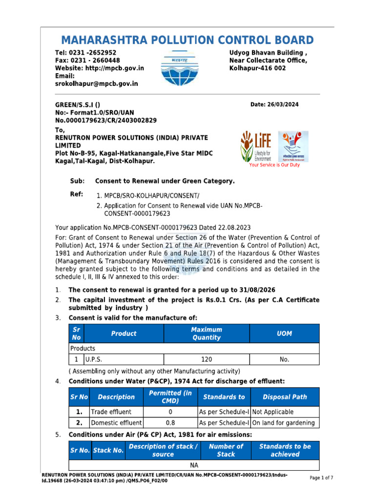 Pollution MPCB Certificate Mar2024 Print | PDF