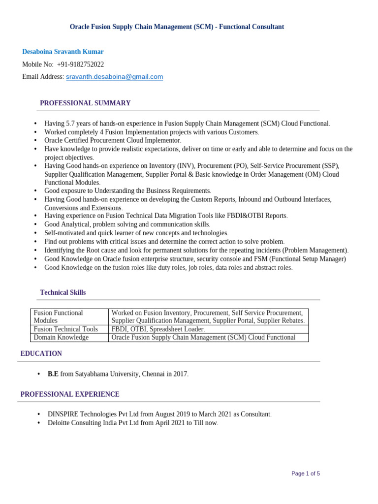 Sravanth Fusion SCM Functional Consultant Resume | PDF | Supply Chain Management | Procurement