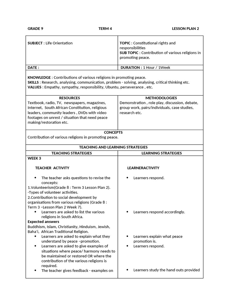 Grade 9 Term 4 Lesson Plan 2 | PDF | Lesson Plan | Peace