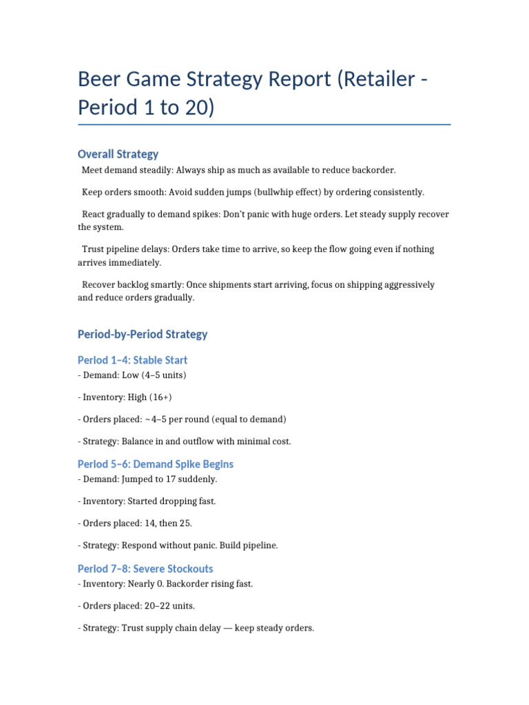 Beer Game Strategy Overview: Period 1-20 | PDF