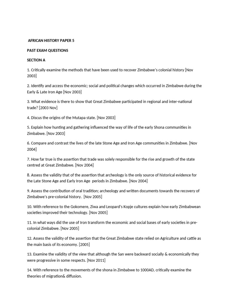 O Level African History Exam Questions | PDF | Zimbabwe