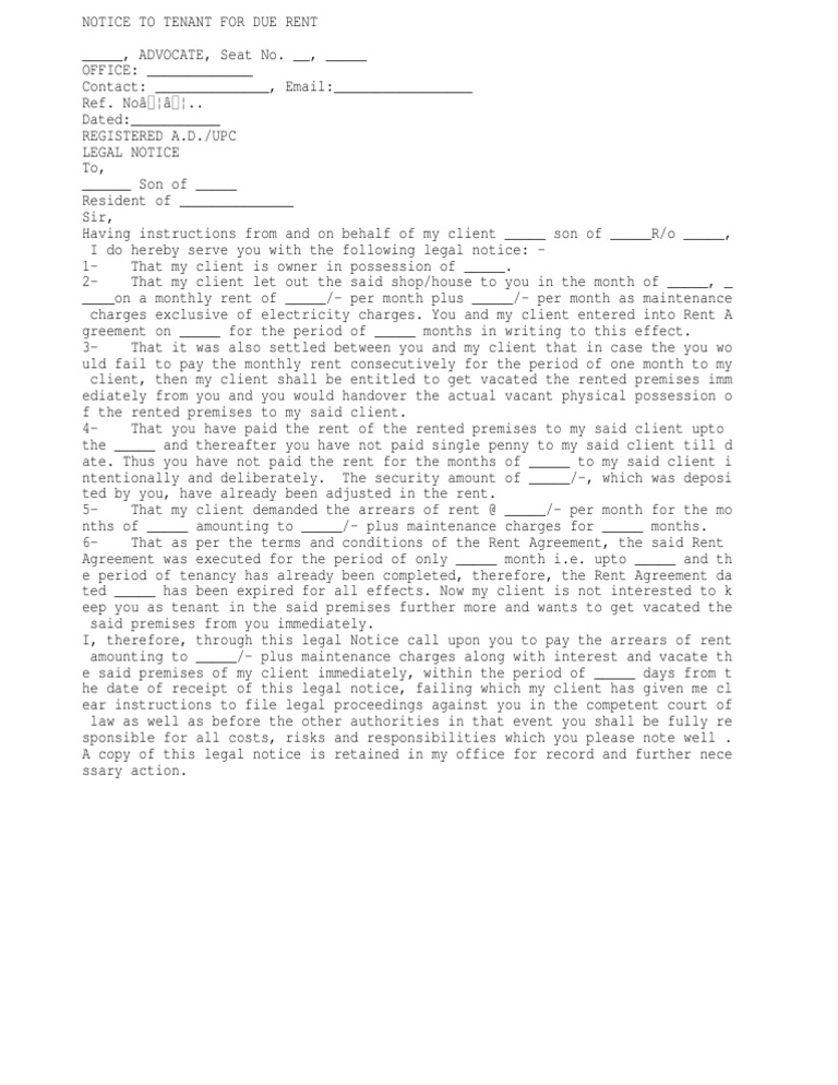 Notice To Tenant Due Rent | PDF | Leasehold Estate | Property Law