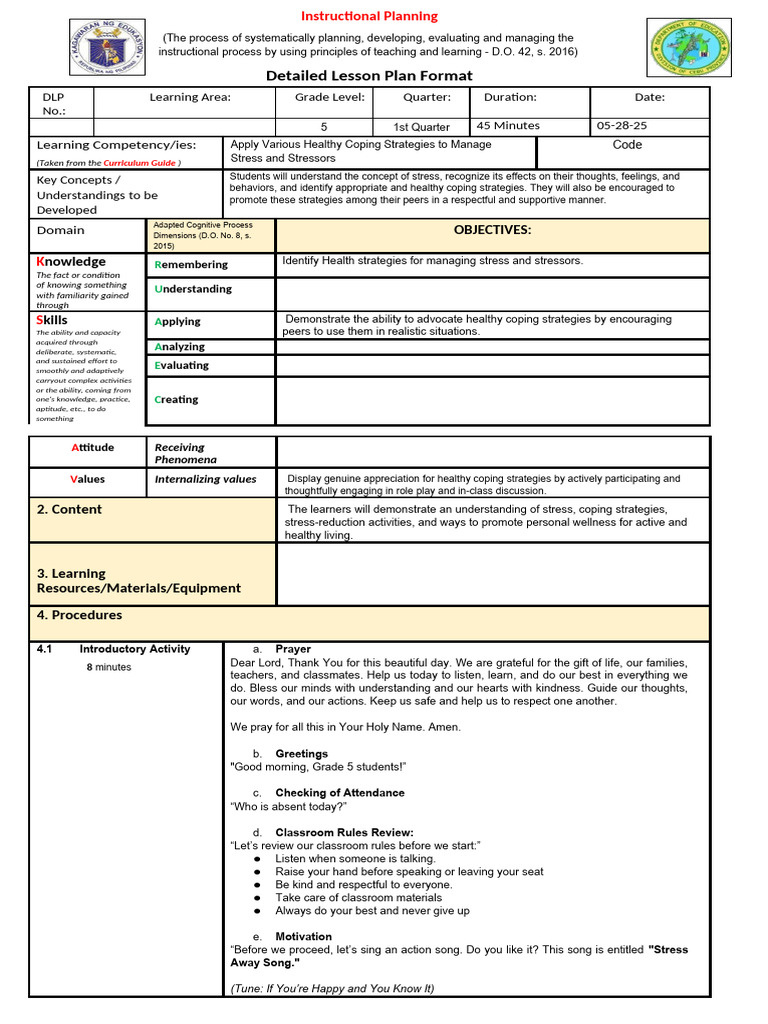 Stress Management Lesson Plan for Grade 5 | PDF | Stress (Biology ...
