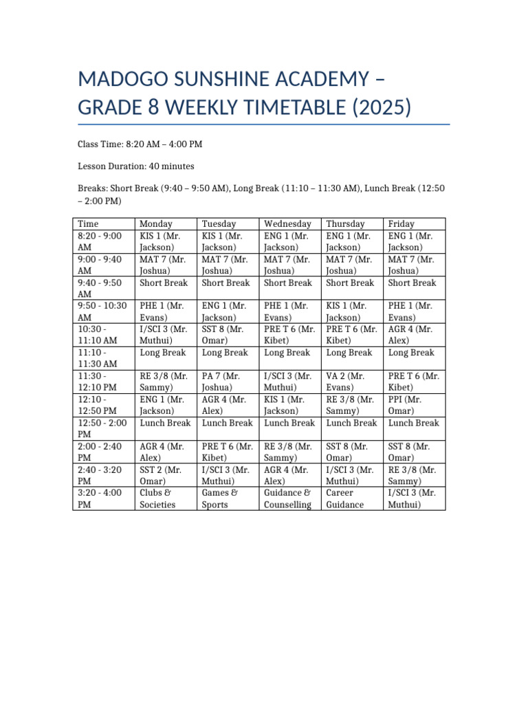 Updated Madogo Sunshine Academy Grade8 Timetable 2025 | PDF