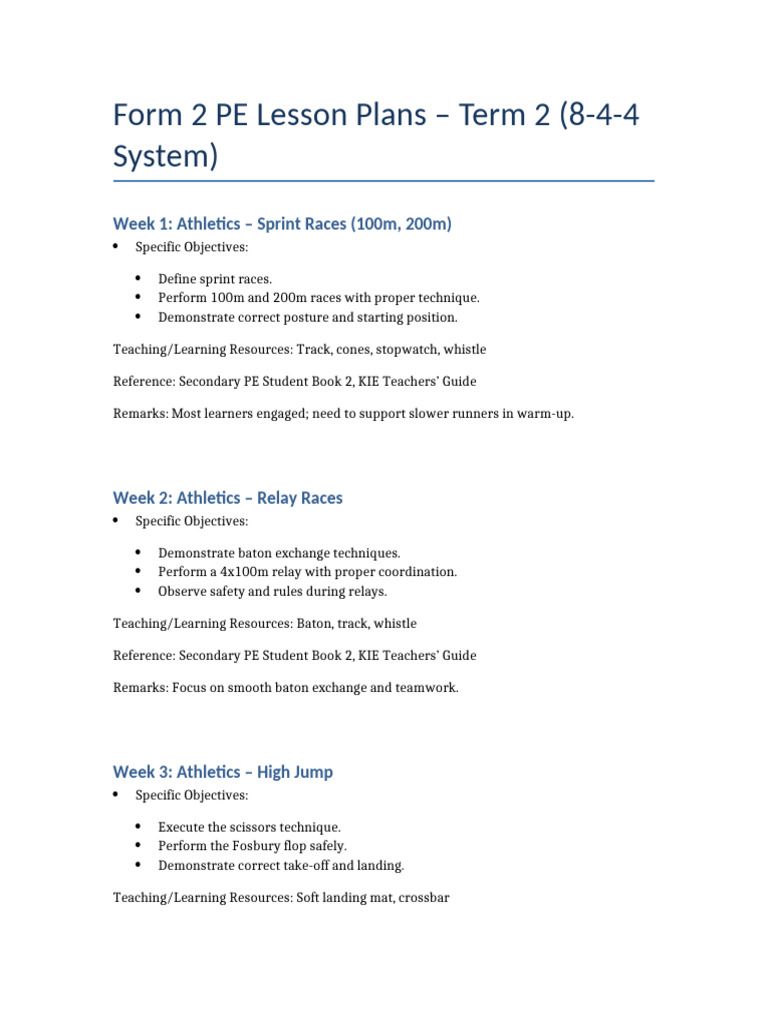 Term 2 PE Lesson Plans for 8th Grade | PDF | Track And Field | First Aid