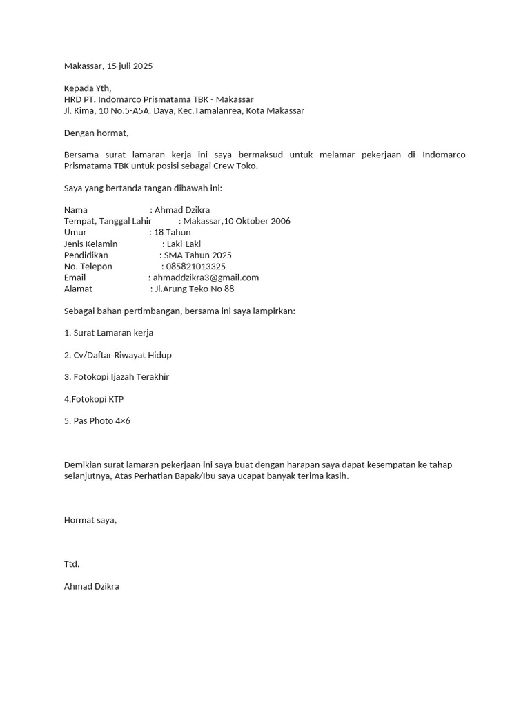 Contoh Surat Lamaran Kerja (Indomaret) | PDF