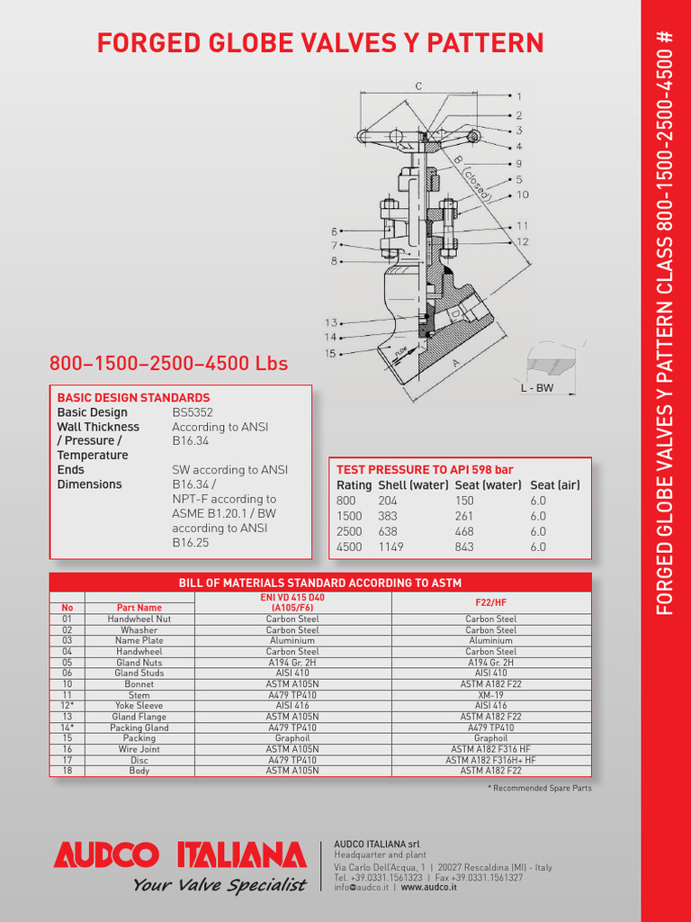 Globe Valves Forged Steel Y Pattern 800 1500 2500 4500 Audco Italiana ...