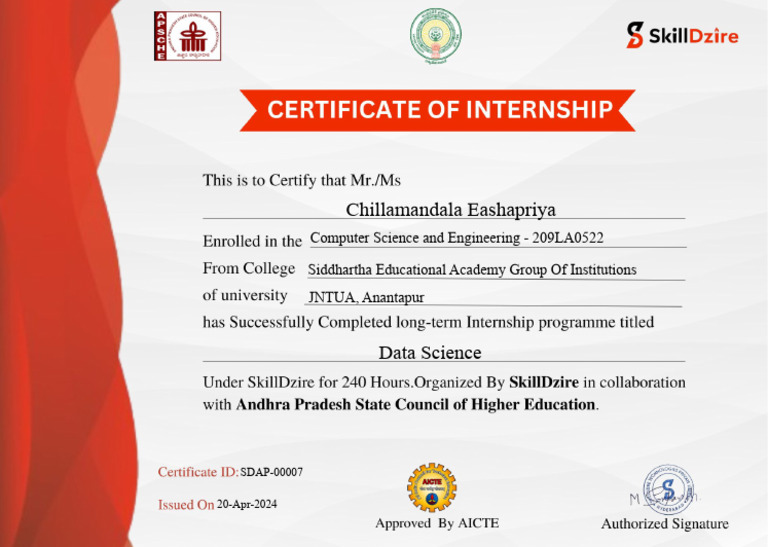Internship Certificate Chillamandala Eashapriya SDAP-00007 | PDF