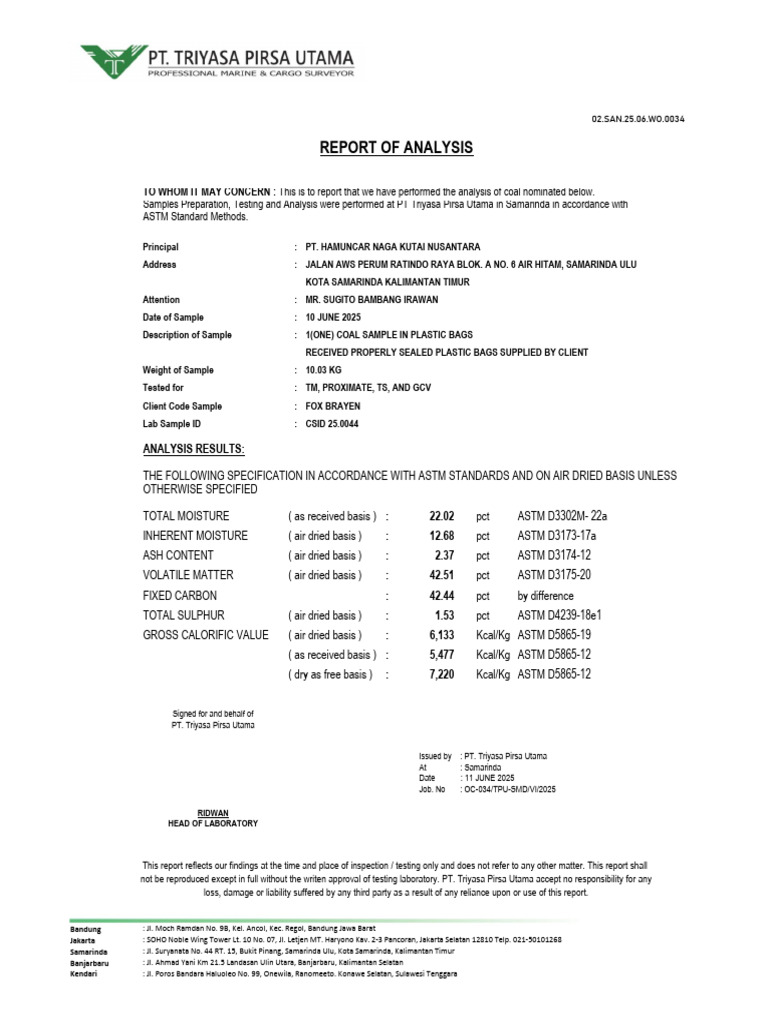 Coal Analysis Report for PT Hamuncar Naga | PDF | Chemical Energy ...