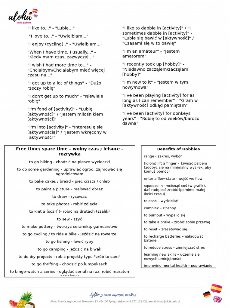 Free Time - Vocabulary A2 | PDF