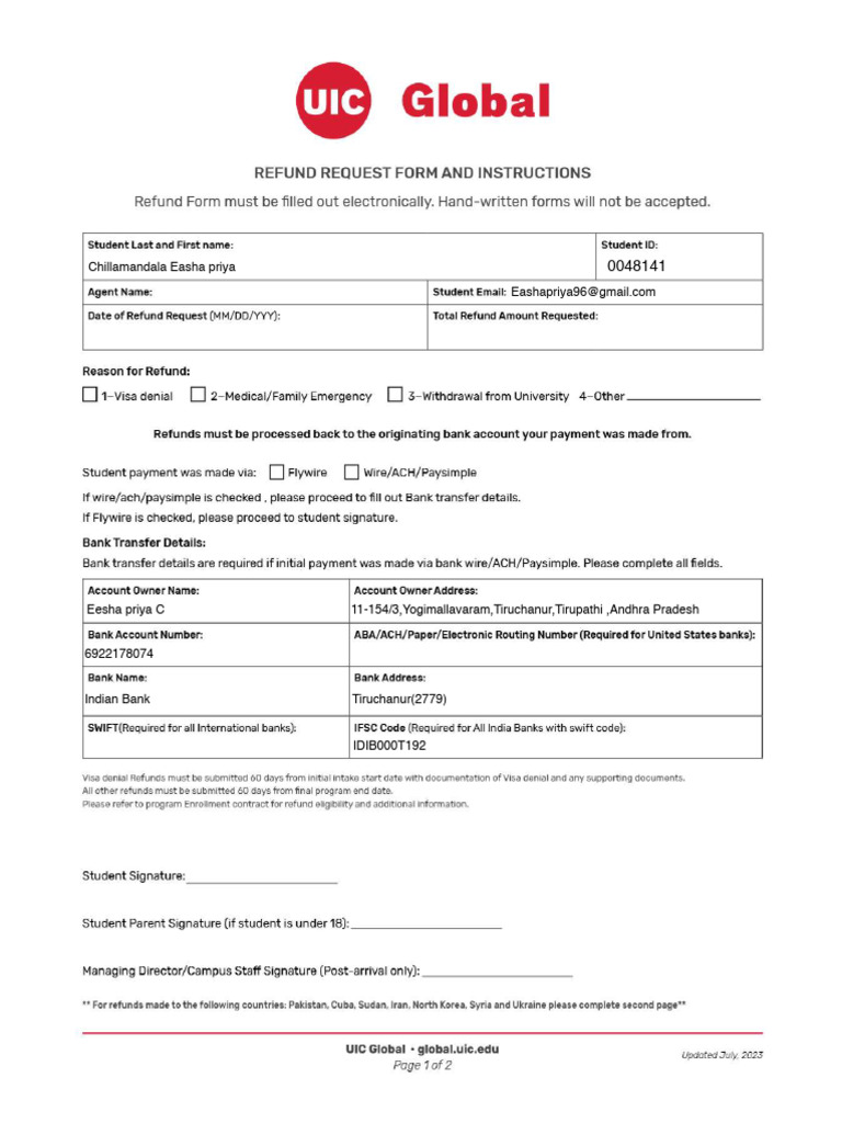 UIC Refund Form Copy 5 | PDF