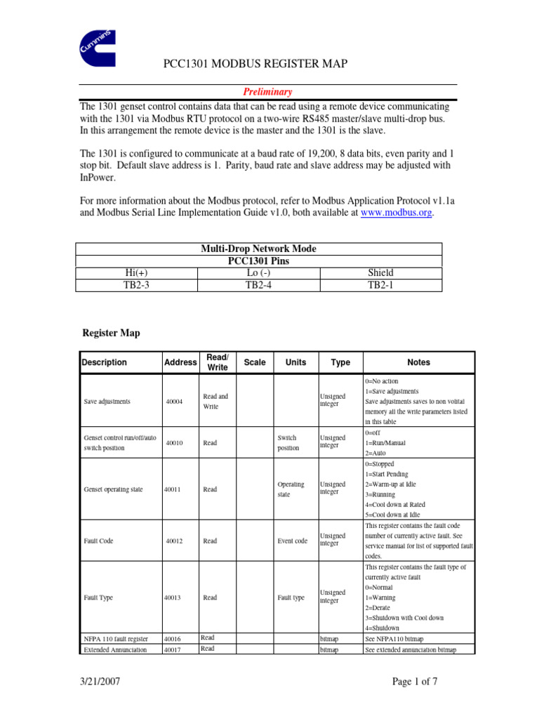 PCC1301 Modbus Register Map - Cph031105 | PDF | Alternating Current | Integer (Computer Science)