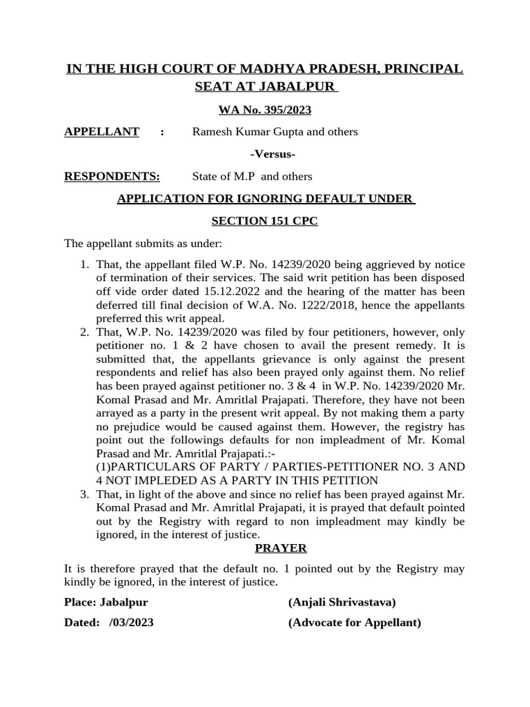 Application For Ignoring Default Ramesh Wa 395-2023 | PDF