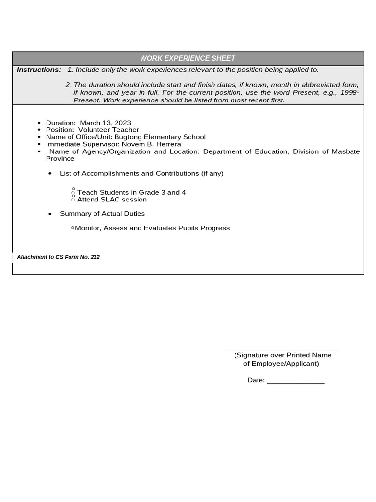 Work Experience Sheet Template | PDF