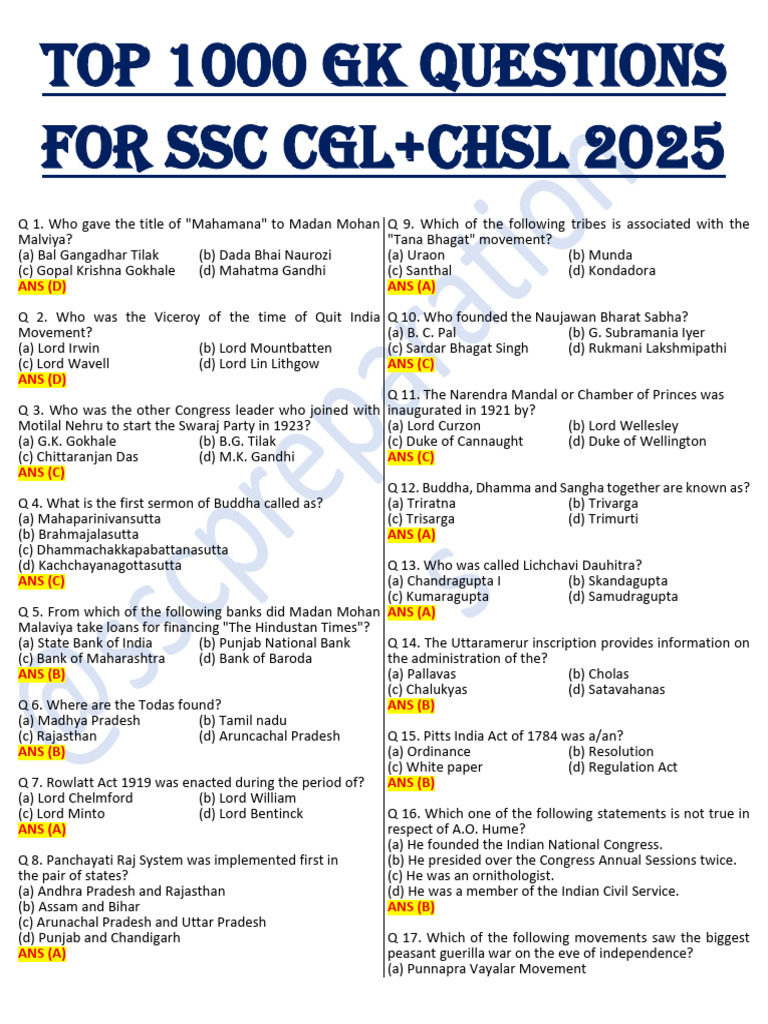 Top 1000 GK and GS Questions For SSC CGL+CHSL 2025 | PDF | Neutron ...