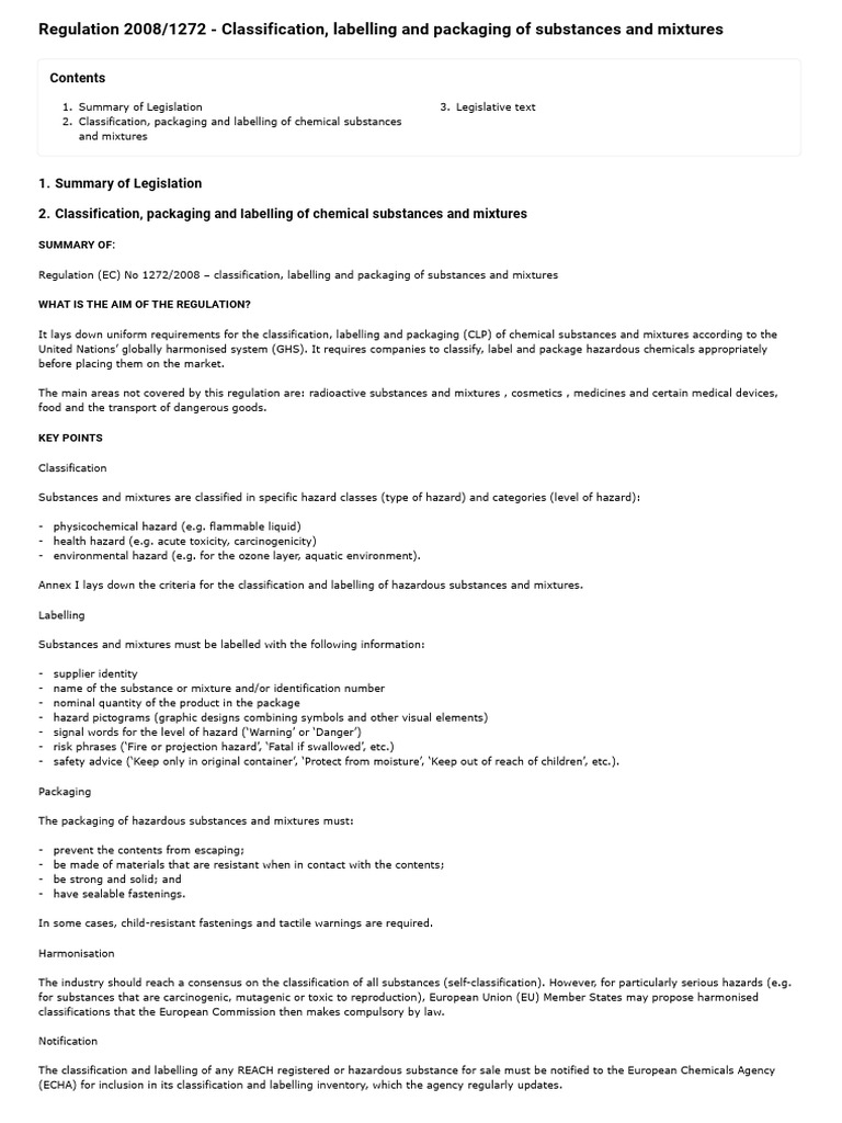 CLP Regulation EC No 1272/2008 Overview | PDF | Safety | Occupational ...