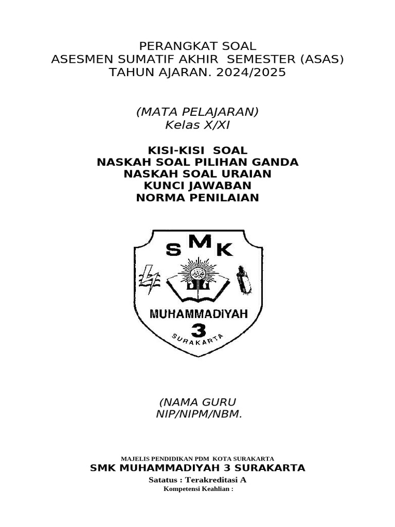 Contoh Form Cover Soal ASAS GASAL 2024-2025 | PDF