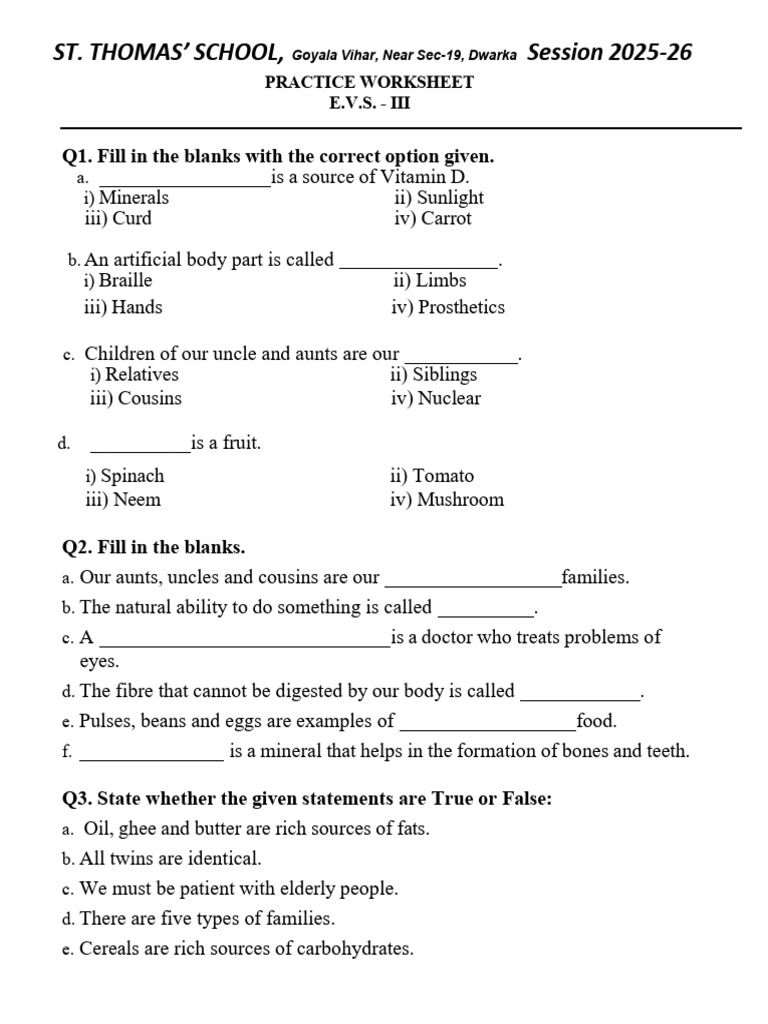 Class-3 Evs Practice Sheets | PDF