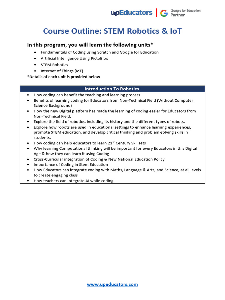 Course Outline STEM Robotics IoT | PDF | Internet Of Things | Arduino